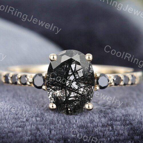 Black Rutilated Quartz Engagement Ring Oval Cut Rose Gold - Etsy