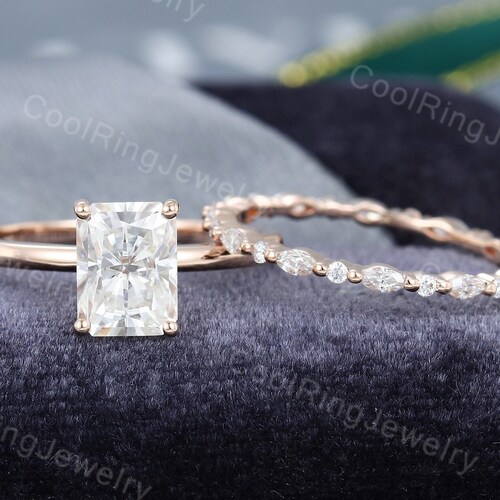 Emerald Cut Moissanite Engagement Ring Set Simple Engagement - Etsy