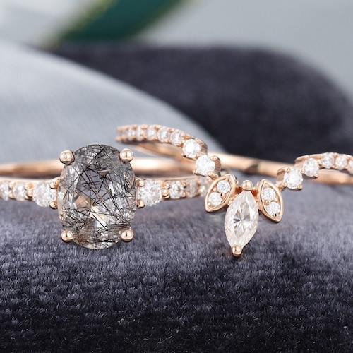 Oval Cut Black Rutilated Quartz Engagement Ring Set Rose Gold - Etsy