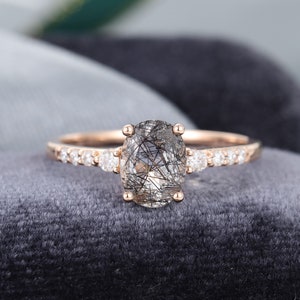 Oval Cut Black Rutilated Quartz Engagement Ring Rose Gold Engagement ...