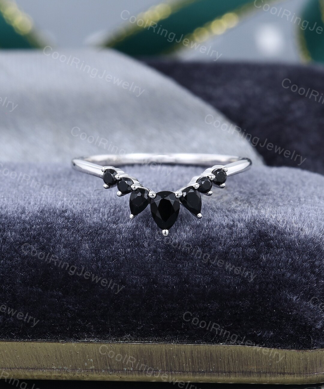 Curved Black Onyx Wedding Band Women White Gold Wedding Band Vintage ...