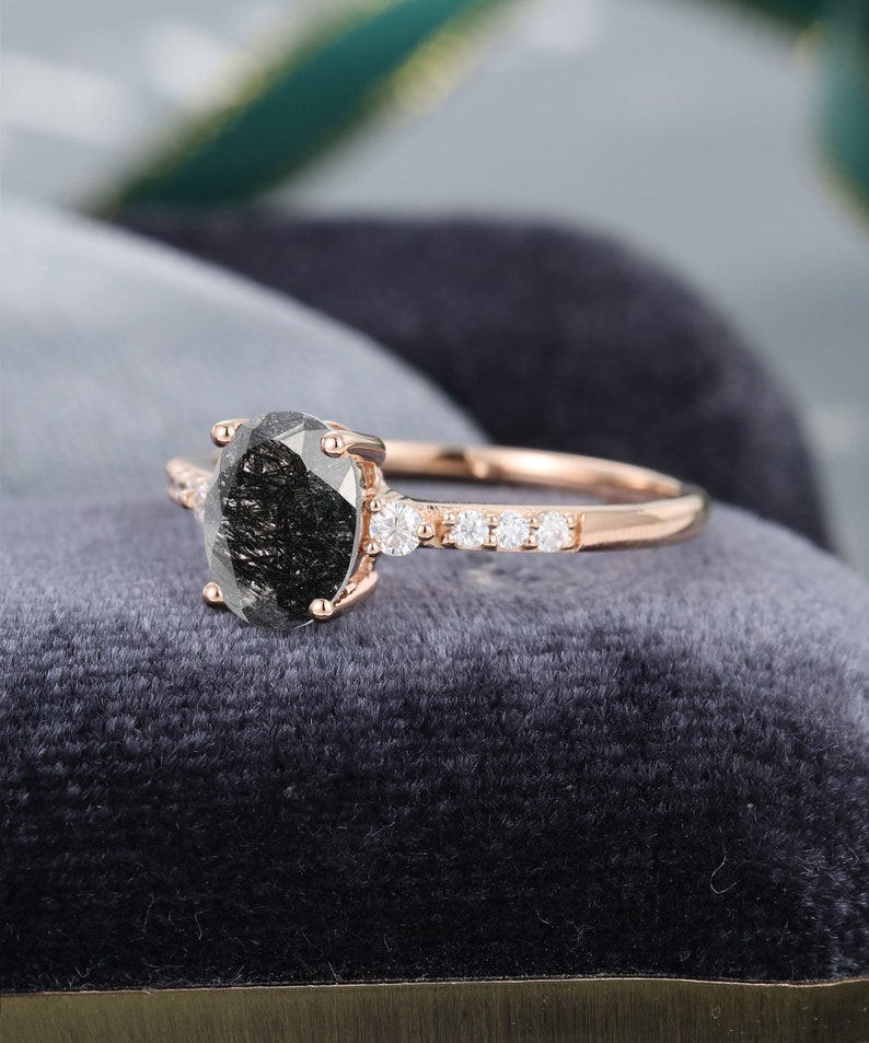 Oval Cut Black Rutilated Quartz Engagement Ring Rose Gold - Etsy