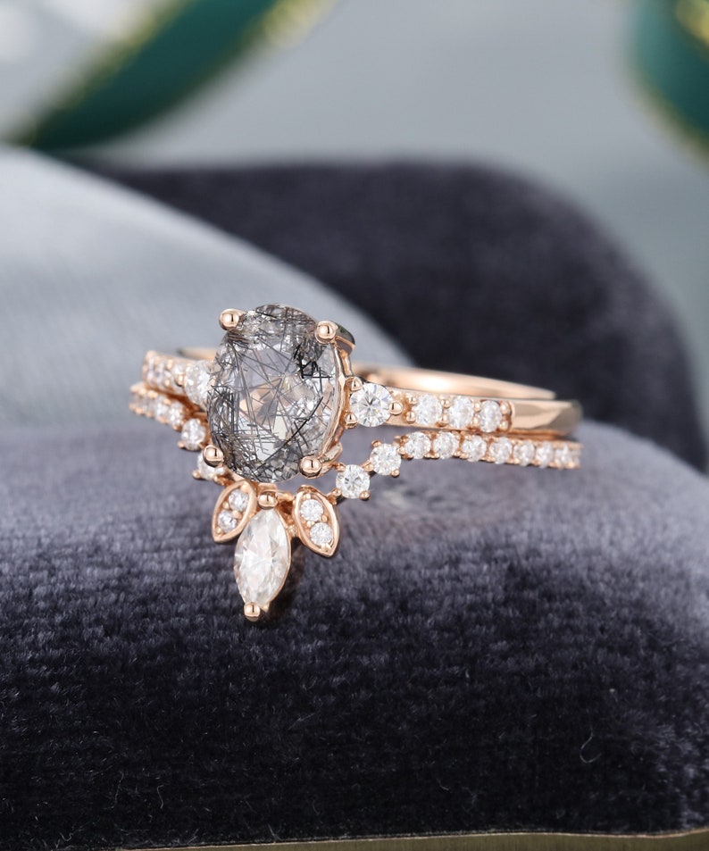 Oval Cut Black Rutilated Quartz Engagement Ring Set Rose Gold - Etsy