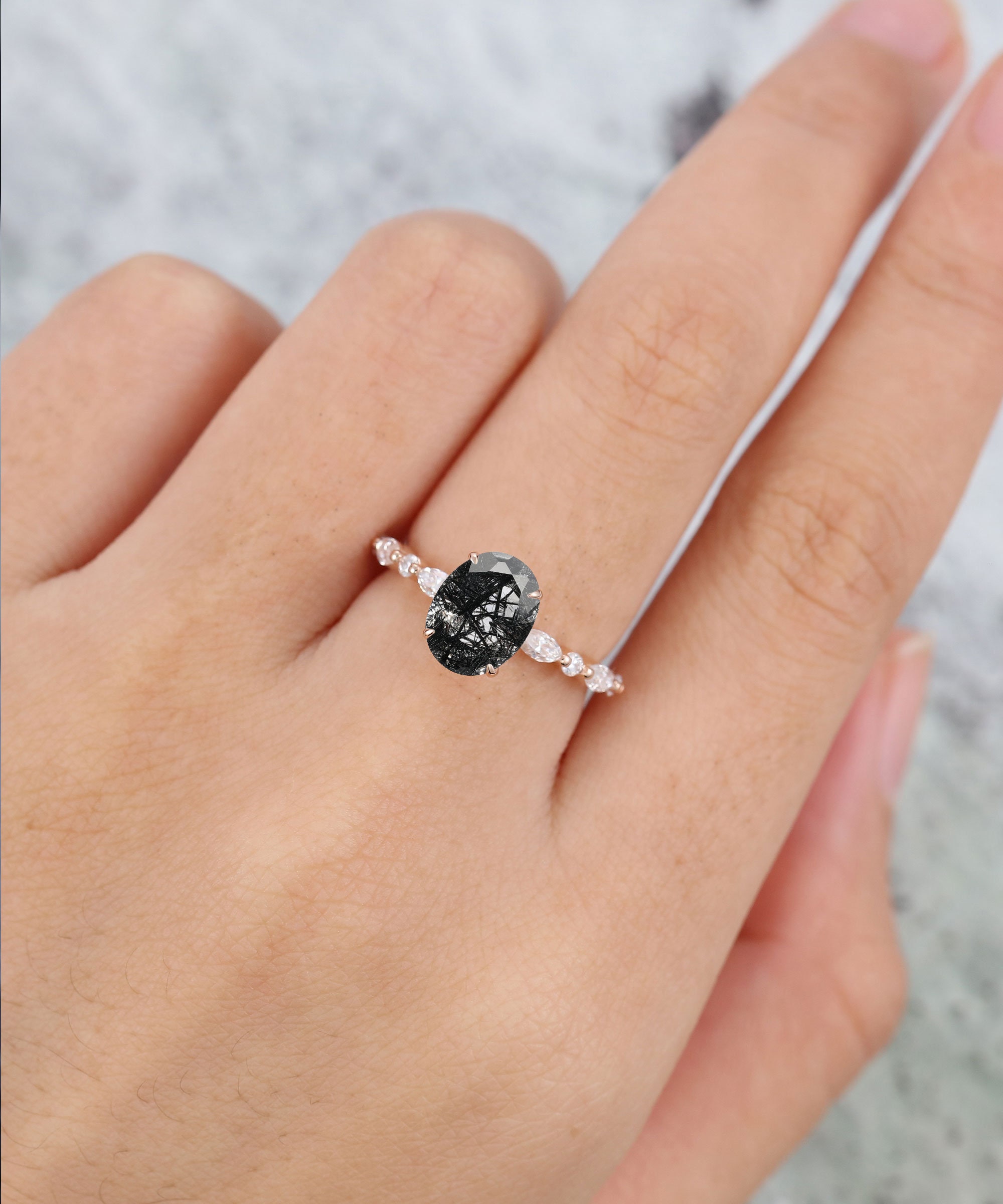 Black Rutilated Quartz Engagement Ring Oval Cut Rose Gold Vintage Half ...