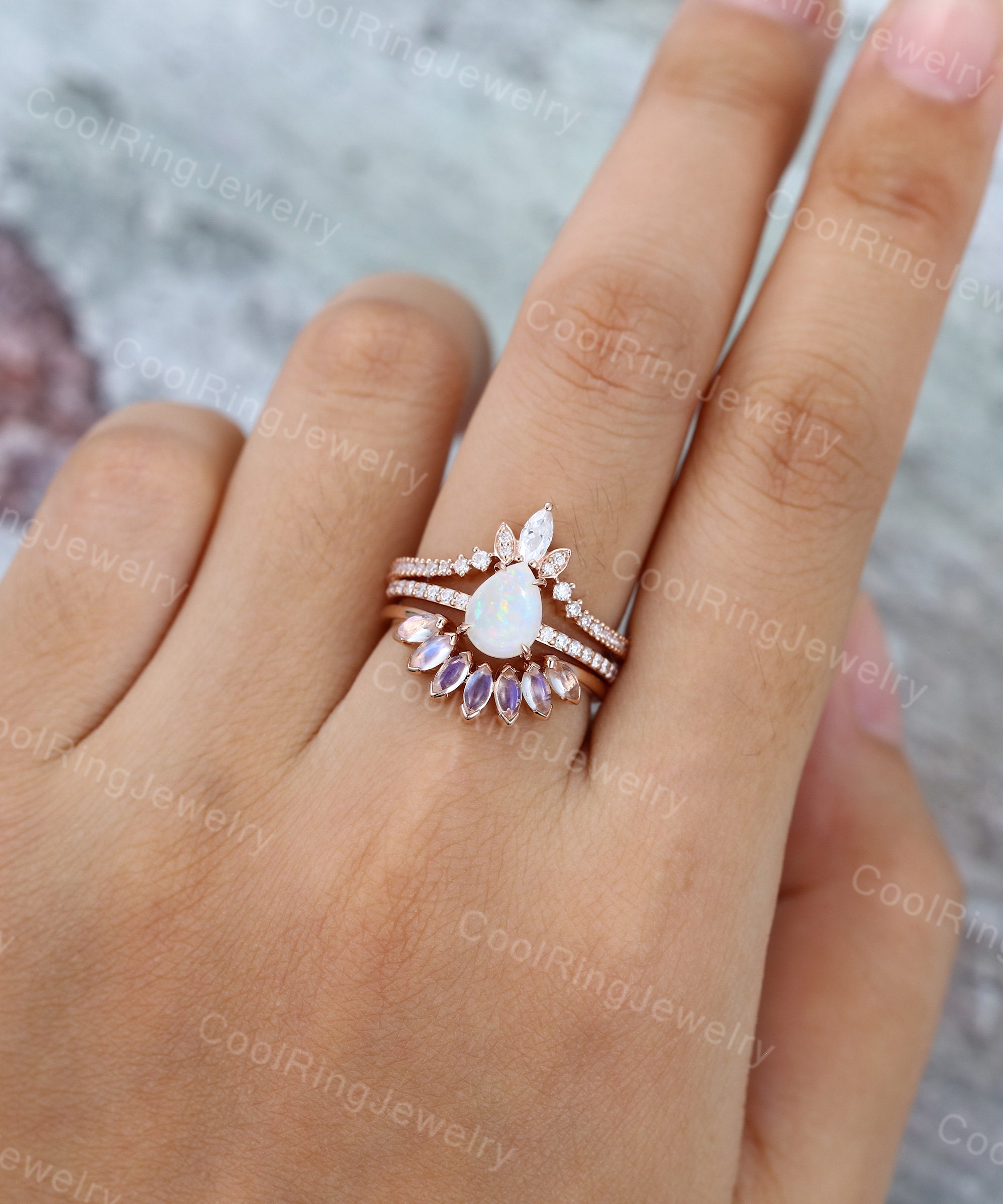 Pear Shaped Rose Gold Opal Engagement Ring Set Vintage Unique - Etsy