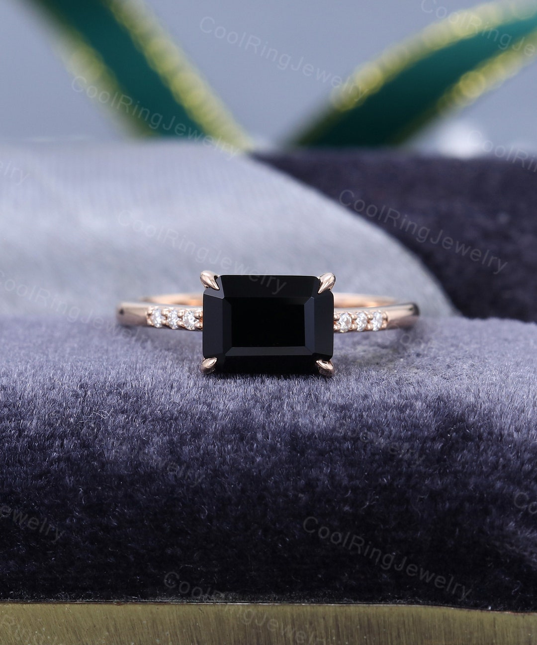 Emerald Cut Black Onyx Engagement Ring Unique West to East Ring Natural ...