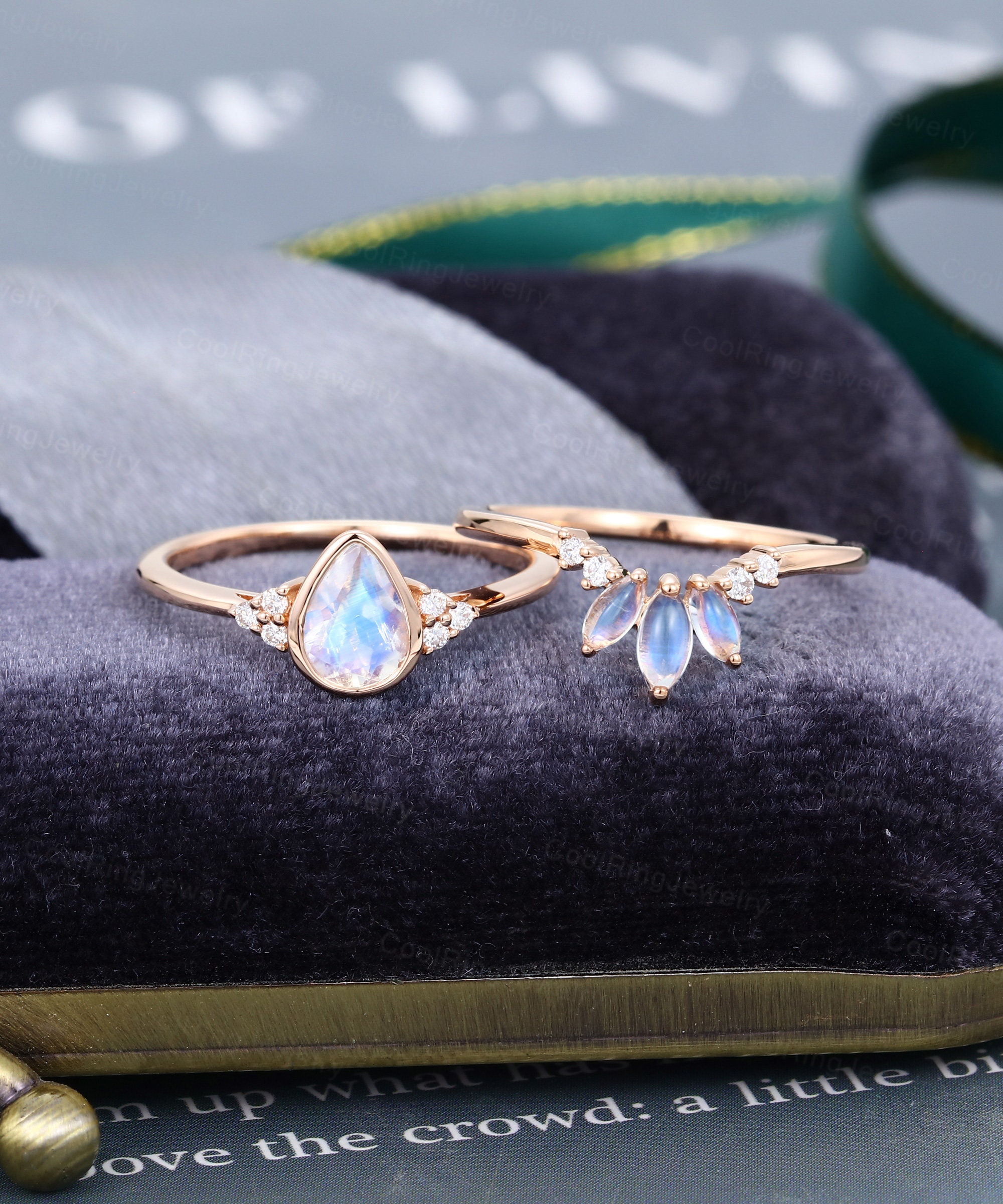 Unique Cluster Engagement Ring Set Pear Shaped Moonstone | Etsy
