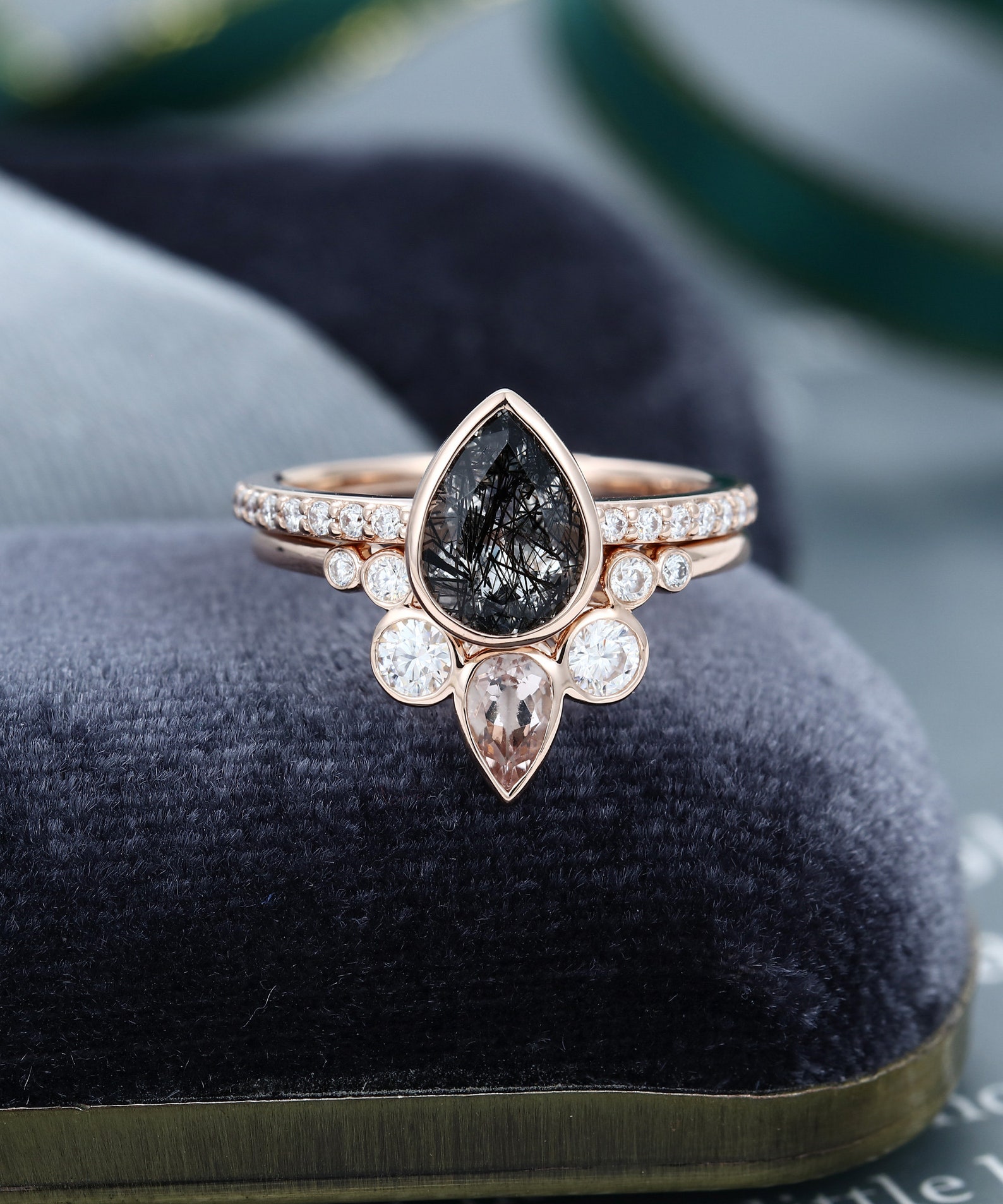 2PCS Pear Shaped Bezel Set Ring Black Rutilated Quartz Unique - Etsy