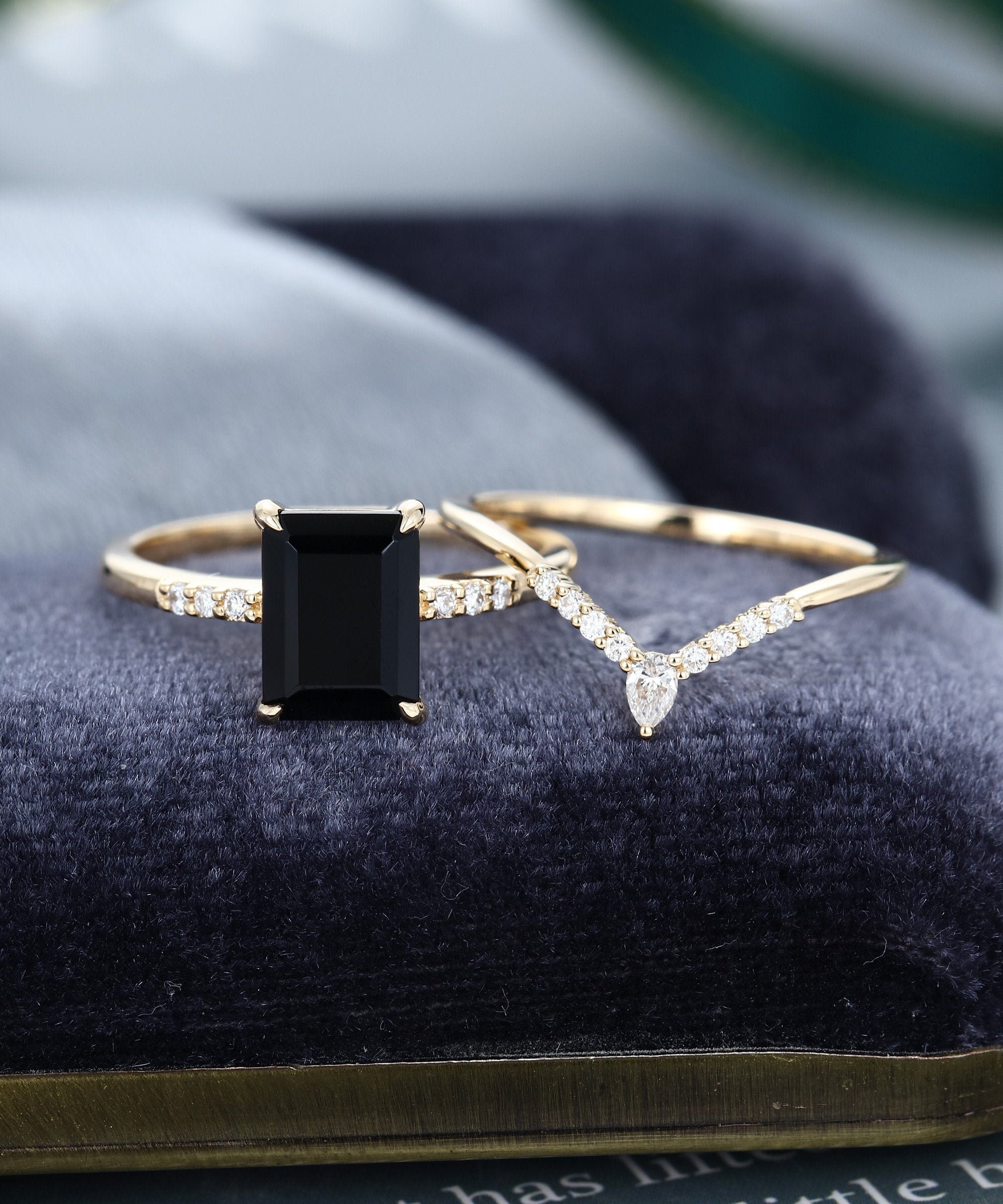 Emerald Cut Black Onyx Engagement Ring Set Moissanite/diamond - Etsy