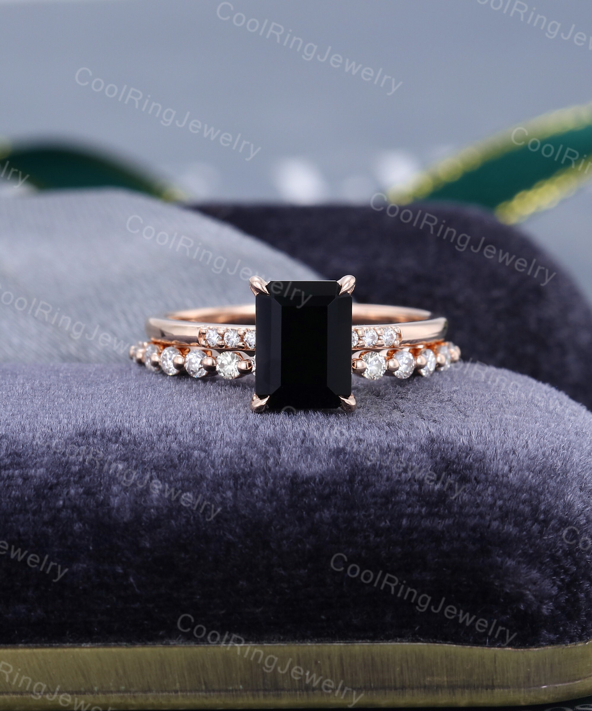 Emerald Cut Black Onyx Engagement Ring Vintage Rose Gold | Etsy