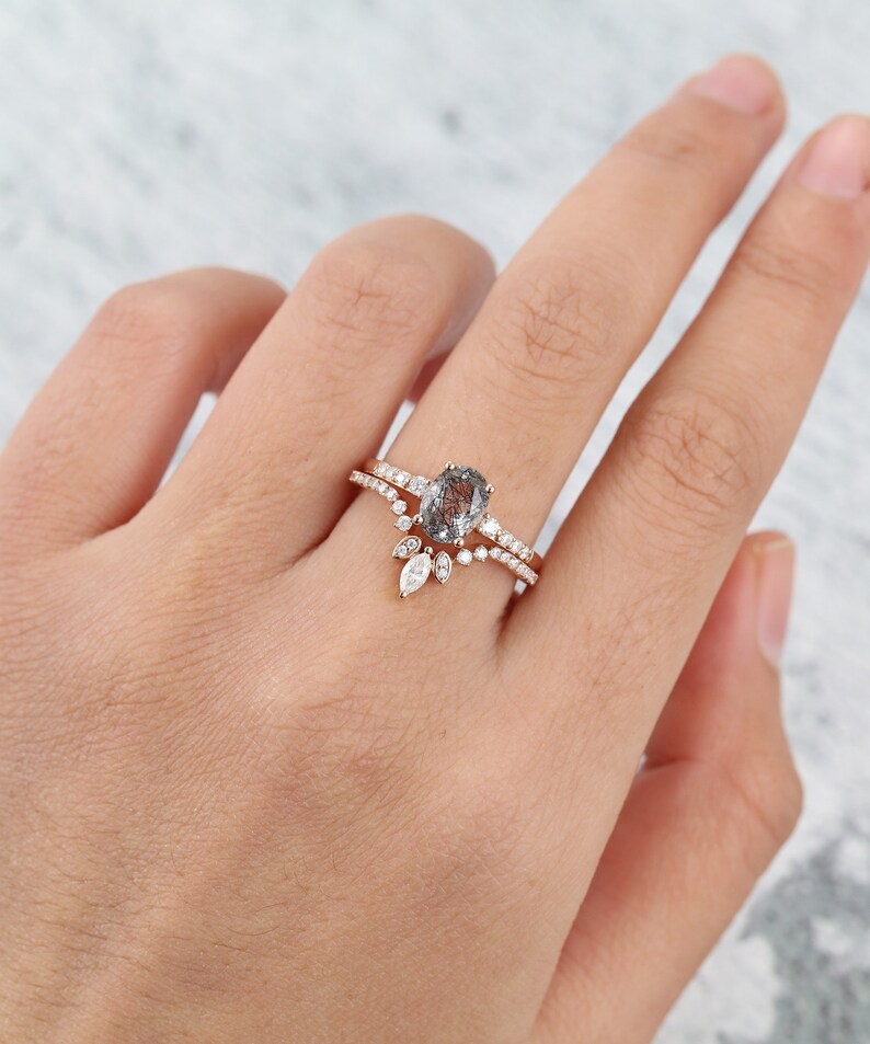 Oval Cut Black Rutilated Quartz Engagement Ring Set Rose Gold - Etsy