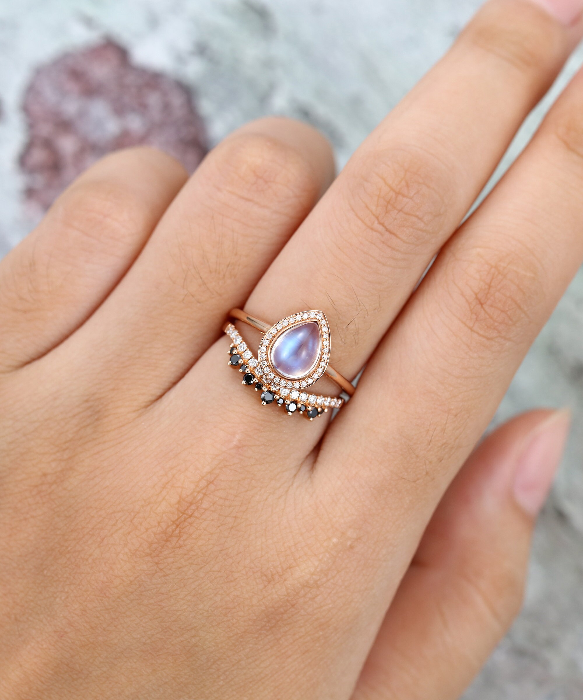 Pear Shaped Moonstone Engagement Ring Rose Gold Halo Diamond | Etsy