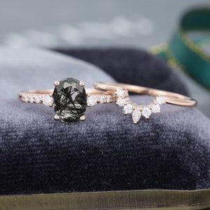 Oval Cut Black Rutilated Quartz Engagement Ring Set Rose Gold - Etsy
