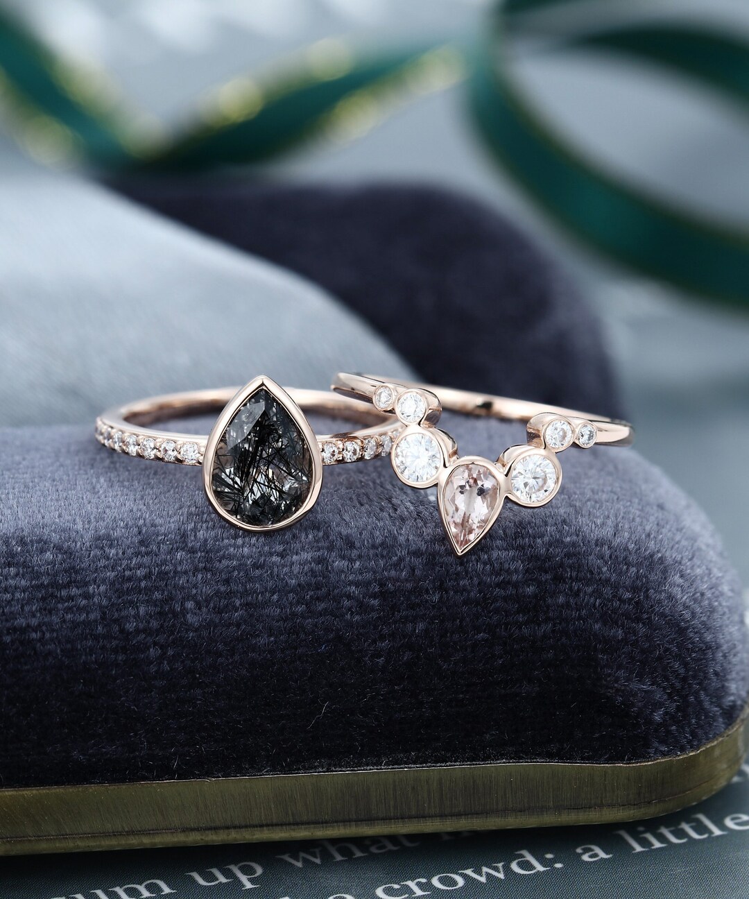 2PCS Pear Shaped Bezel Set Ring Black Rutilated Quartz Unique - Etsy