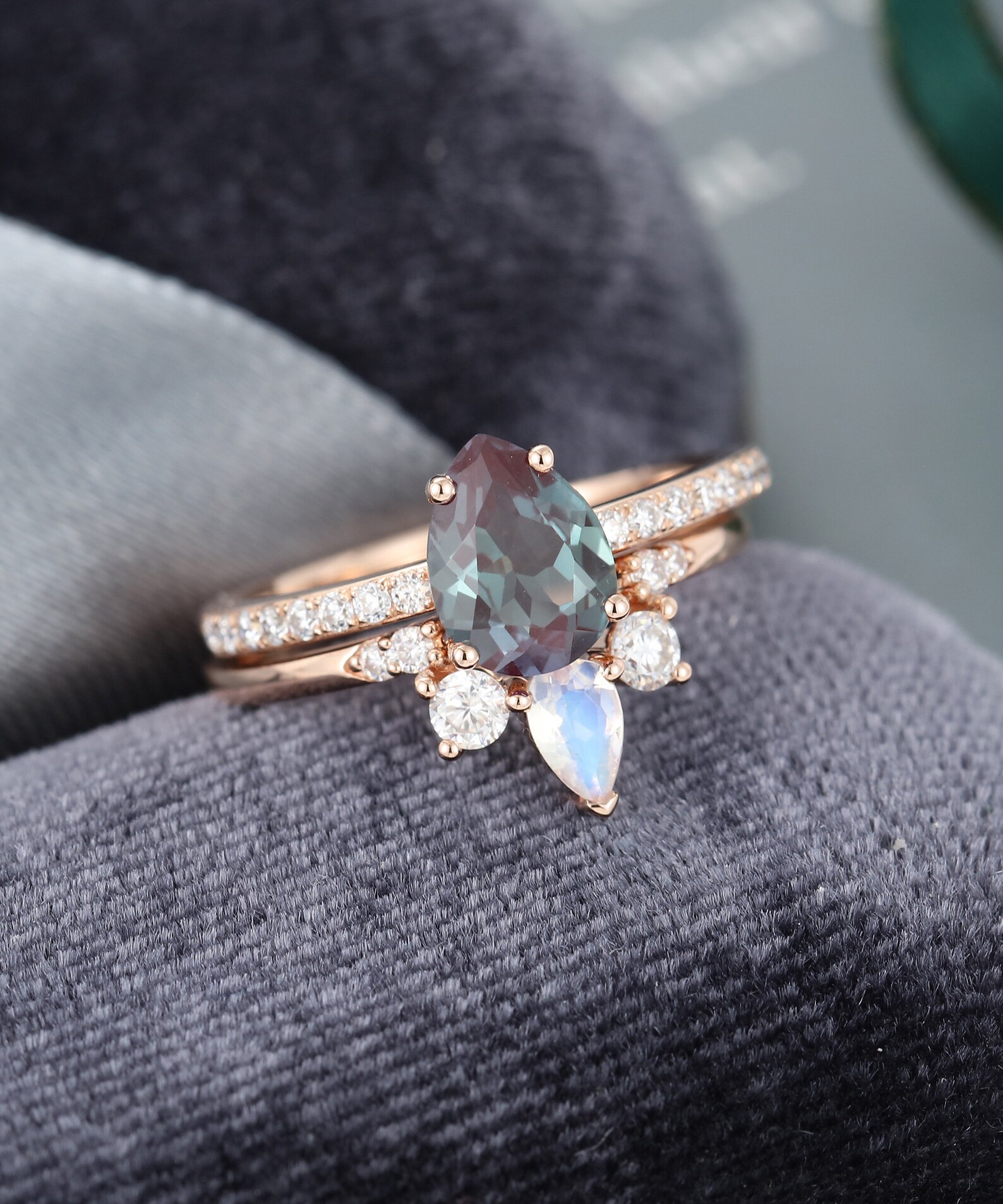 Pear Shaped Alexandrite Engagement Ring Set Rose Gold Engagement Ring ...