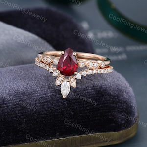 Pear Shaped Ruby Engagement Ring Vintage Unique Rose Gold Moissanite ...