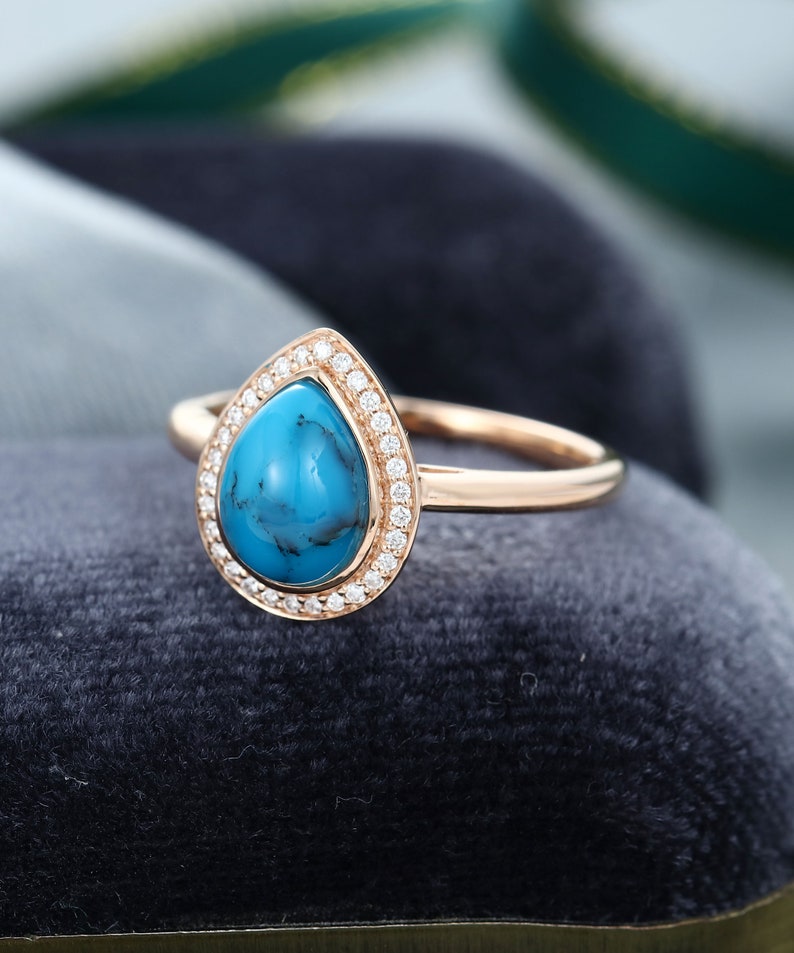 Turquoise Engagement Ring Rose Gold Vintage Pear Shaped Ring | Etsy