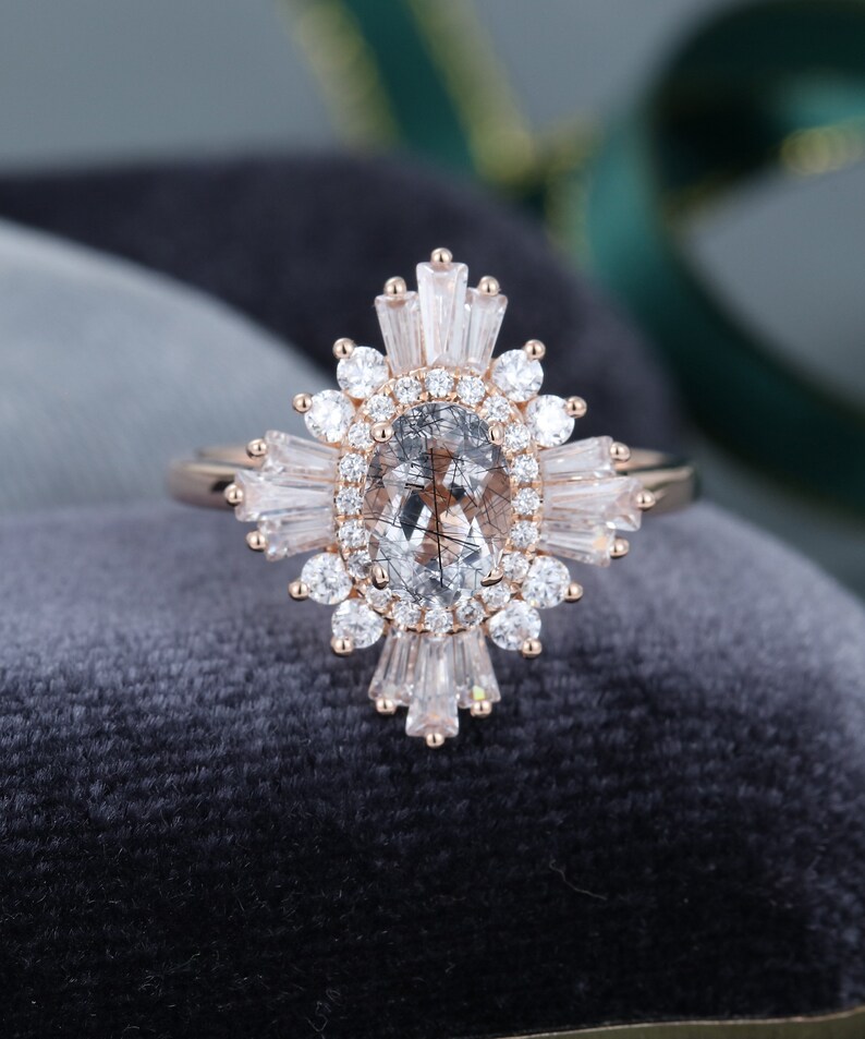 Oval Cut Black Rutilated Quartz Engagement Ring Set Rose Gold - Etsy