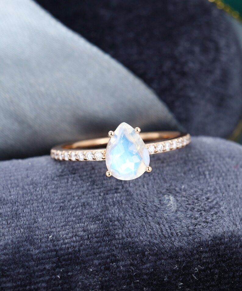 Pear Shape Moonstone Engagement Ring Vintage Rose Gold Engagement Ring ...