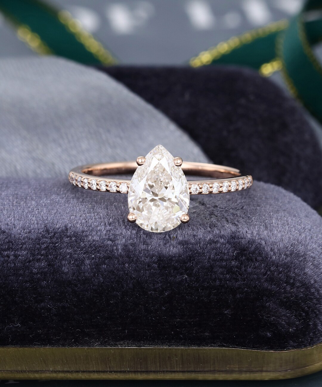 Pear Shaped Lab Diamond Engagement Ring Vintage Half Eternity Rose Gold ...