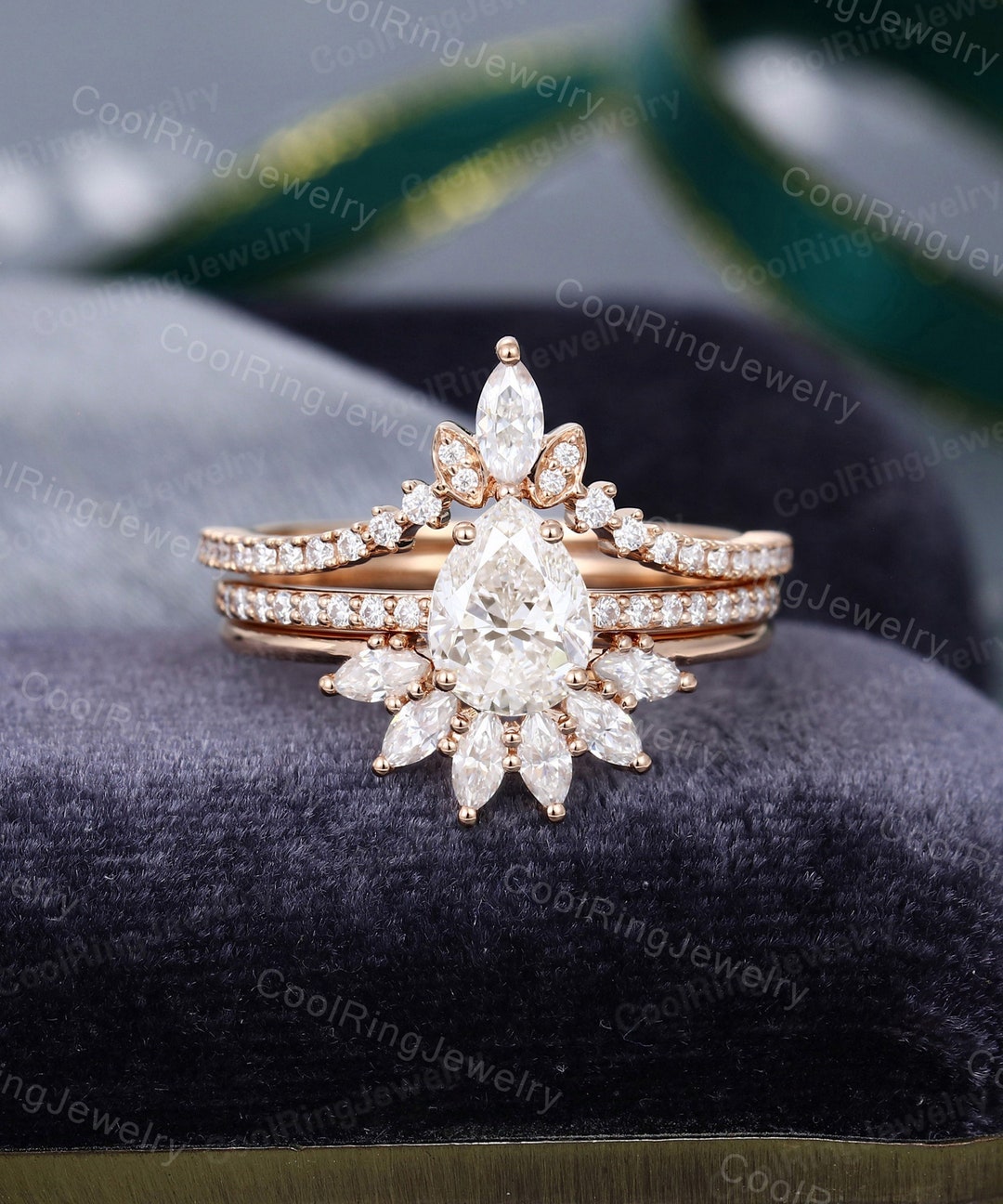 Pear Shaped Lab Diamond Engagement Ring Set Vintage Marquise Cut ...