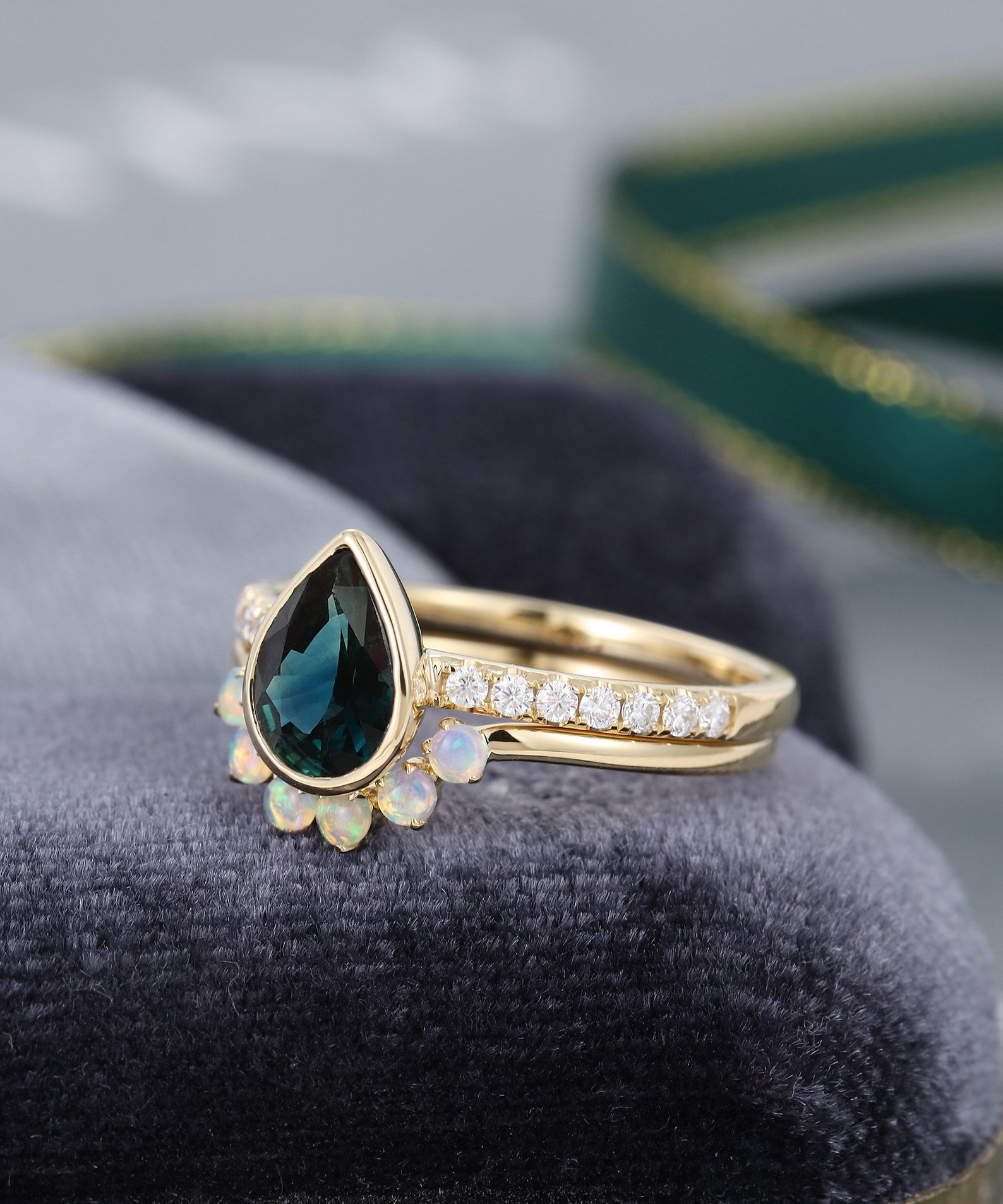 2PCS Pear shaped Sapphire engagement ring set minimalist | Etsy