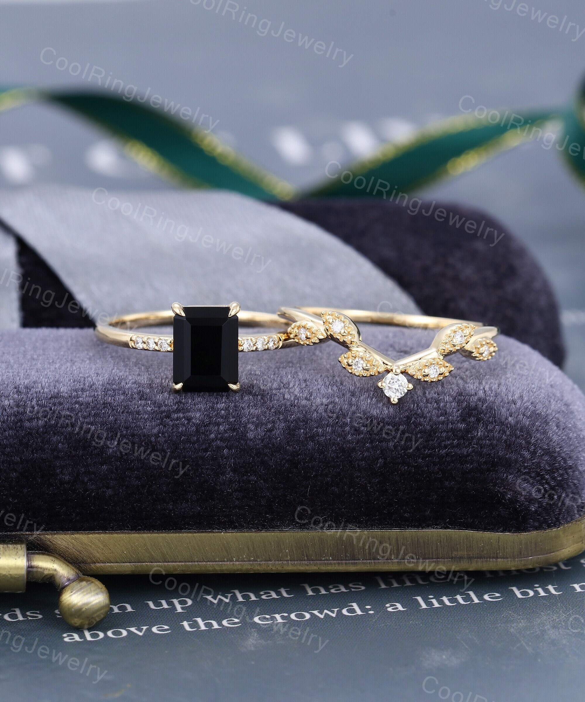 Emerald Cut Black Onyx Engagement Ring Set Yellow Gold Diamond - Etsy