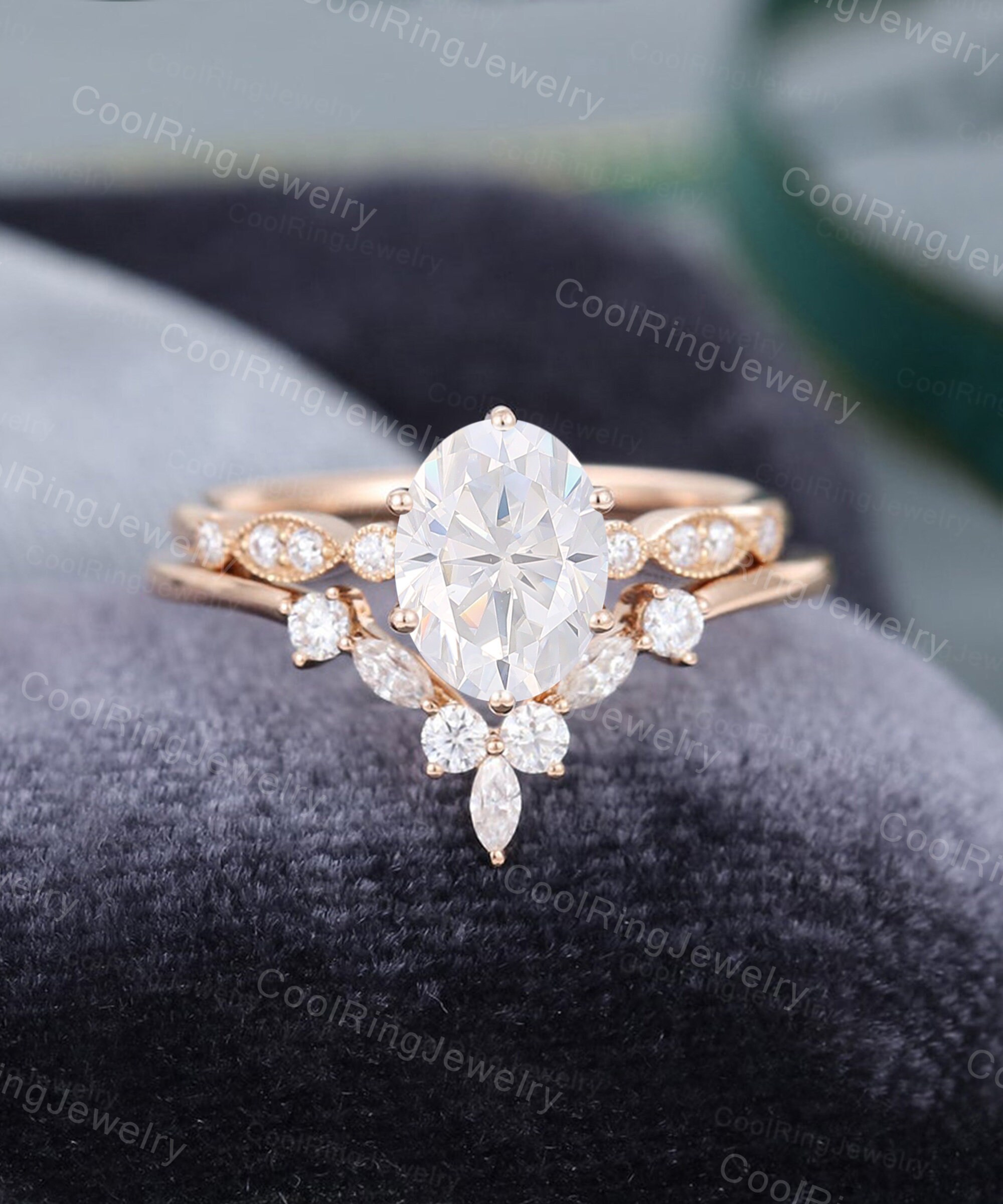 Oval Moissanite Engagement Ring Set Rose Gold Unique - Etsy