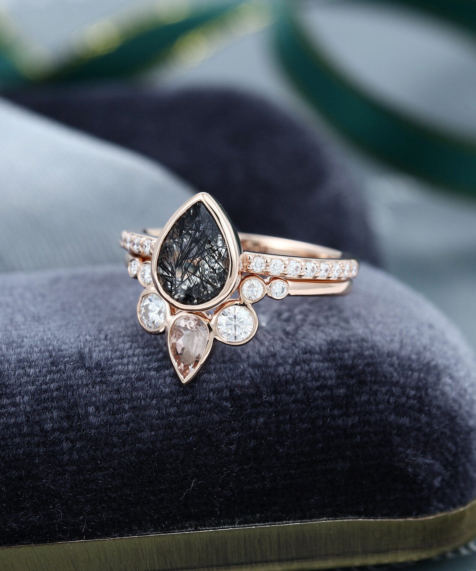 2PCS Pear Shaped Bezel Set Ring Black Rutilated Quartz Unique - Etsy
