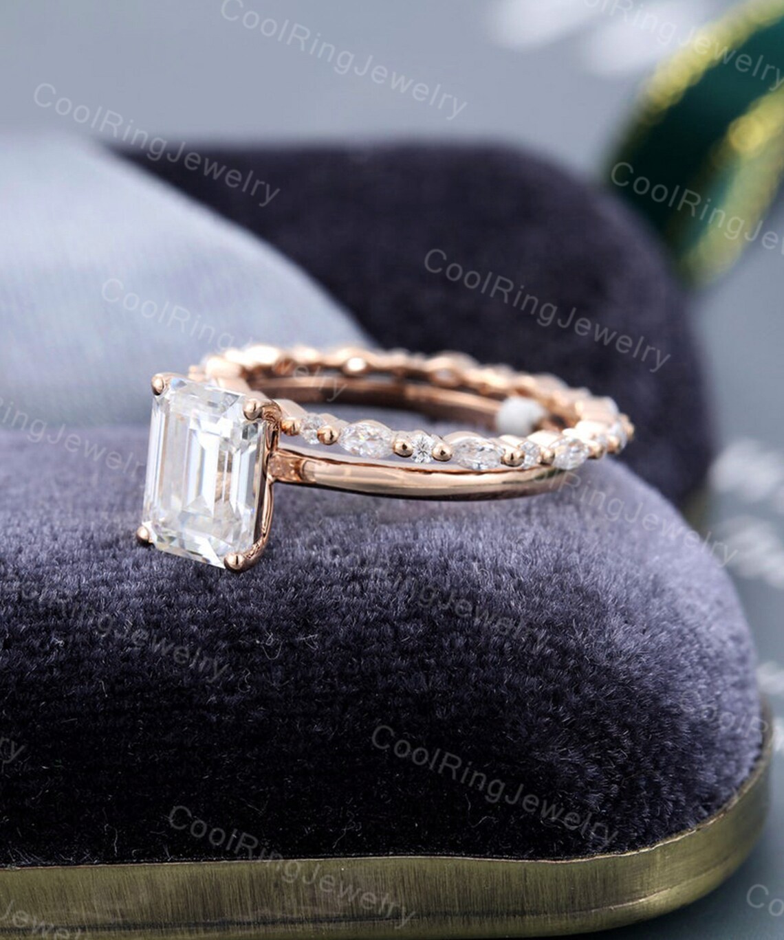 Emerald Cut Moissanite Engagement Ring Set Simple Engagement - Etsy
