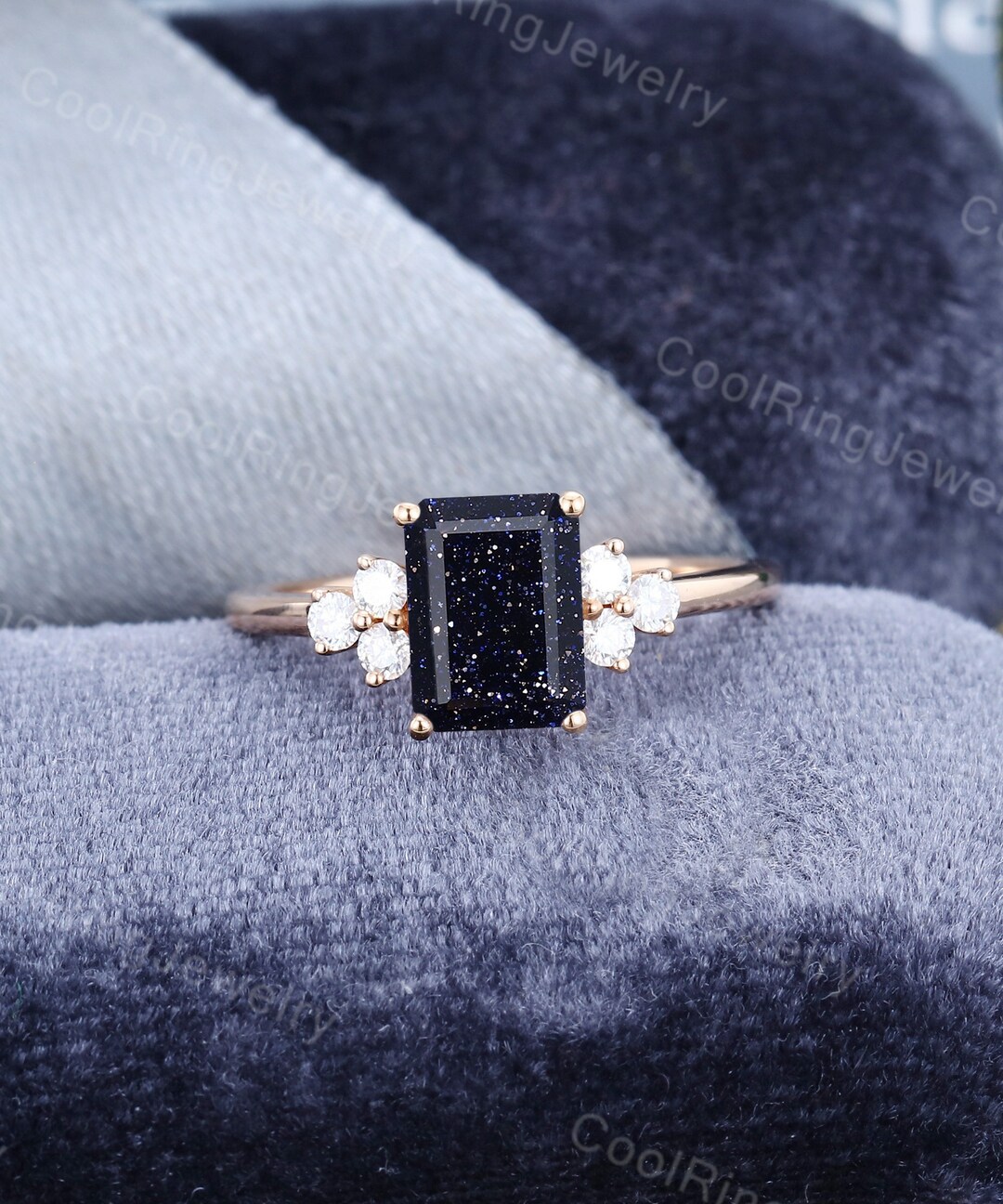 Emerald Cut Blue Sandstone Engagement Ring Unique Rose Gold Ring ...
