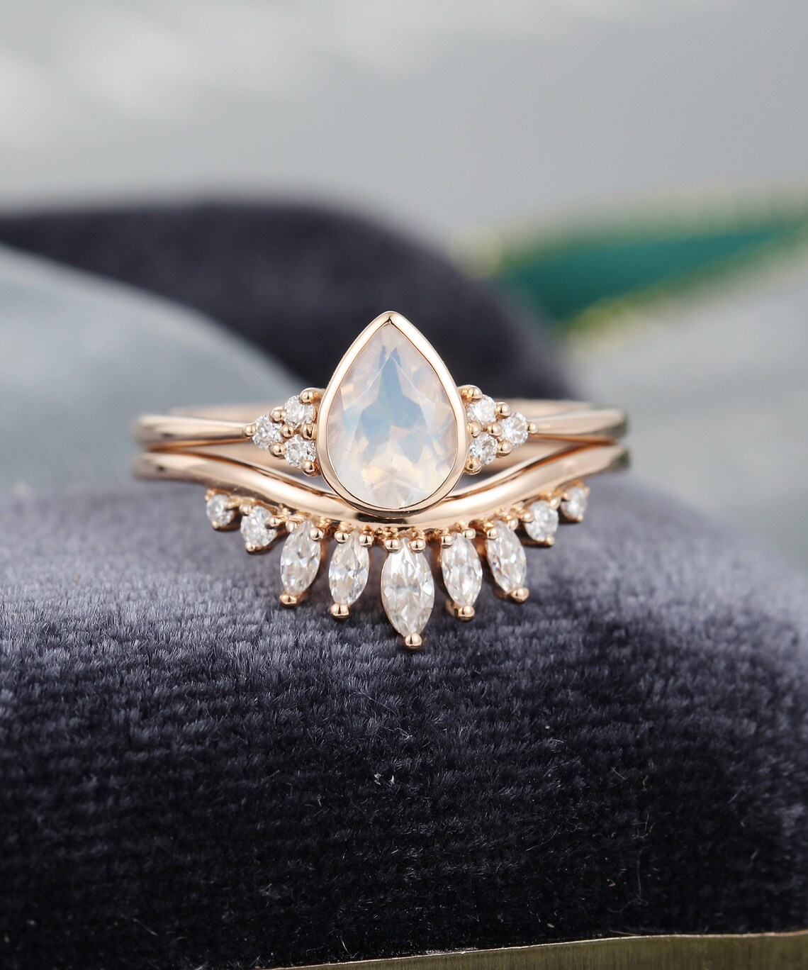 Pear Shaped Moonstone Engagement Ring Vintage Rose Gold | Etsy