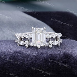 Emerald Cut Moissanite Engagement Ring Set Solid 14k White Gold Half ...
