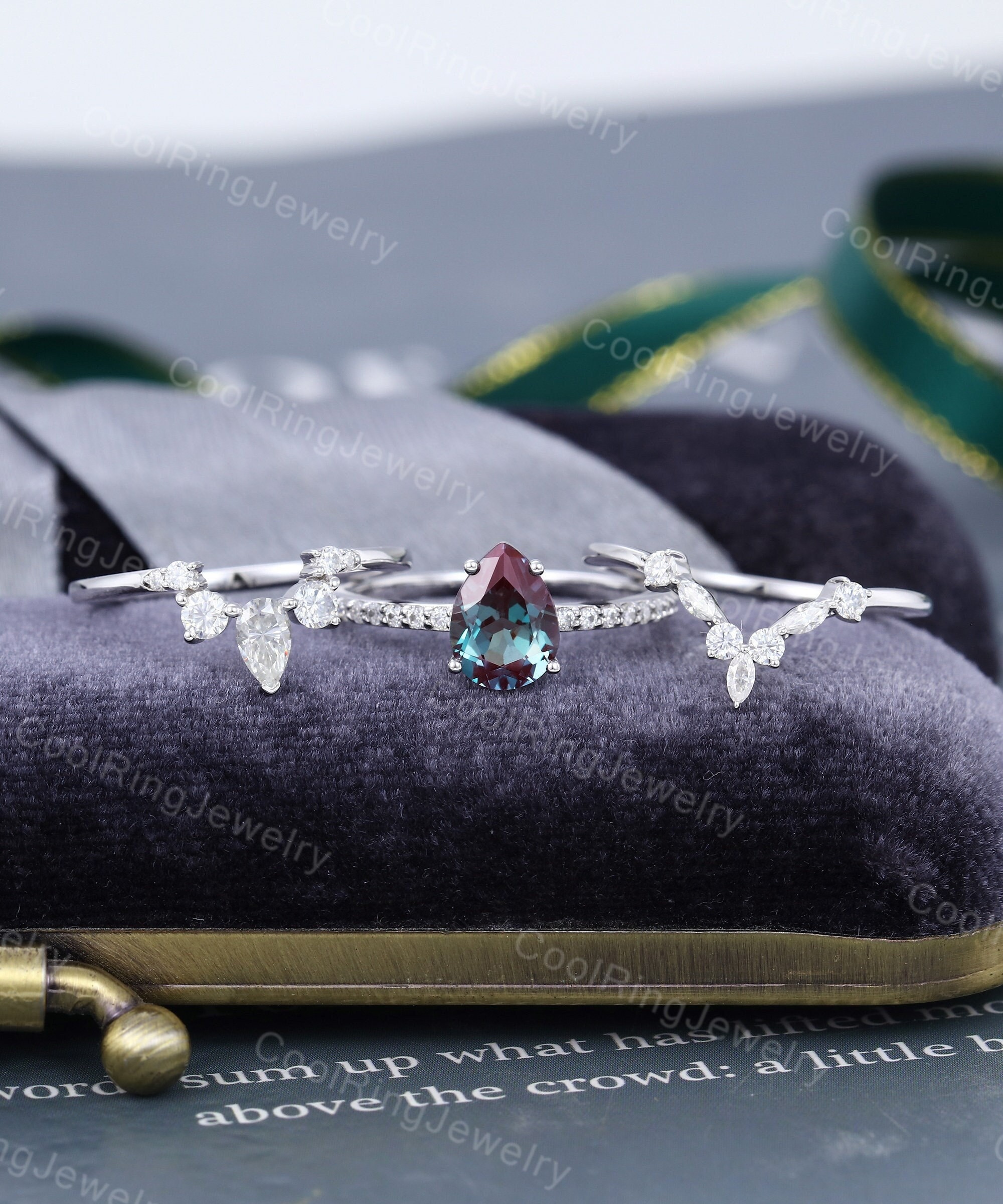 3PCS Pear Shaped Engagement Ring Set Alexandrite Engagement - Etsy