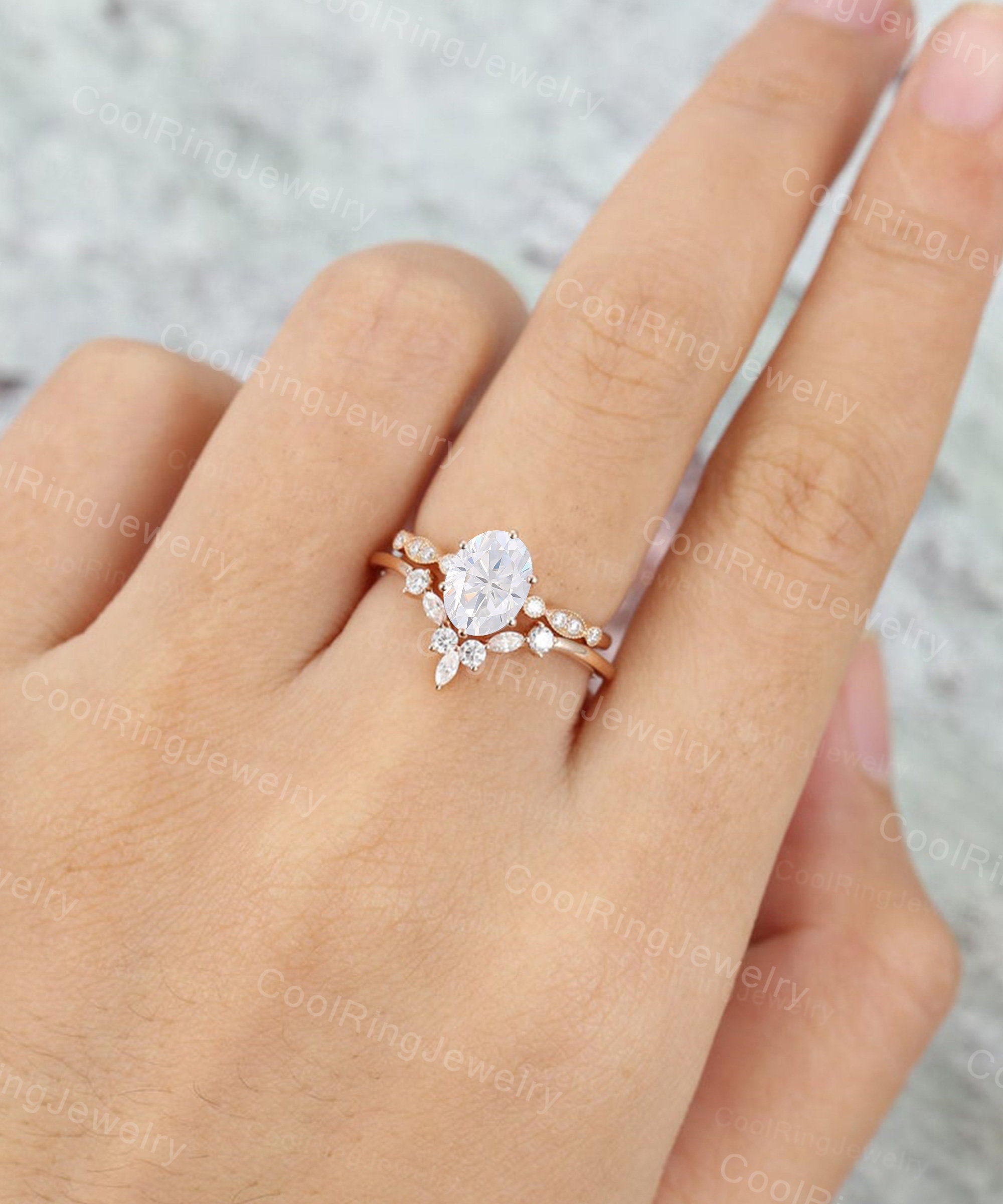 Oval Moissanite Engagement Ring Set Rose Gold Unique - Etsy