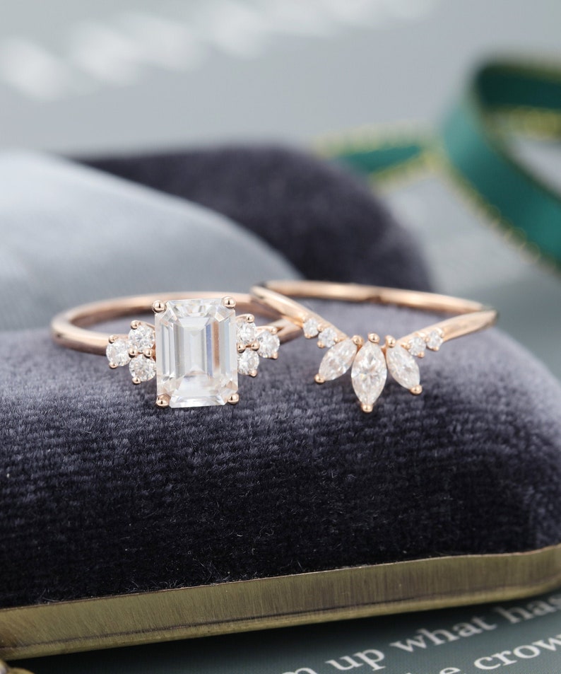 Emerald Cut Moissanite Engagement Ring Set Rose Gold - Etsy