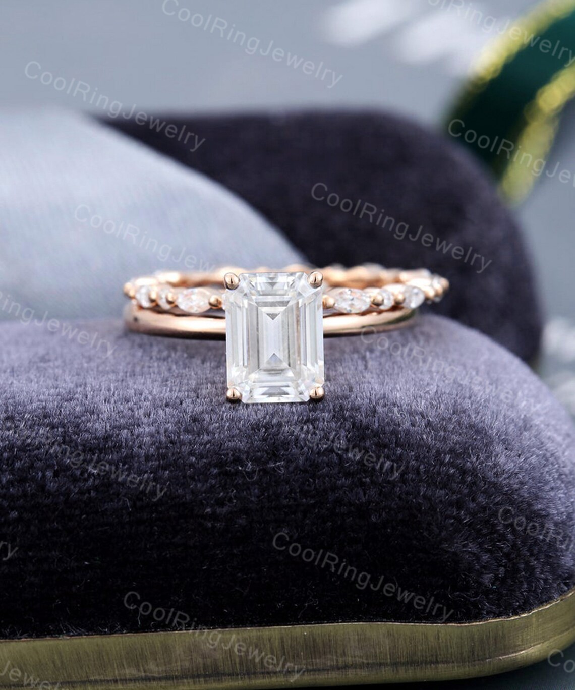 Emerald Cut Moissanite Engagement Ring Set Simple Engagement - Etsy