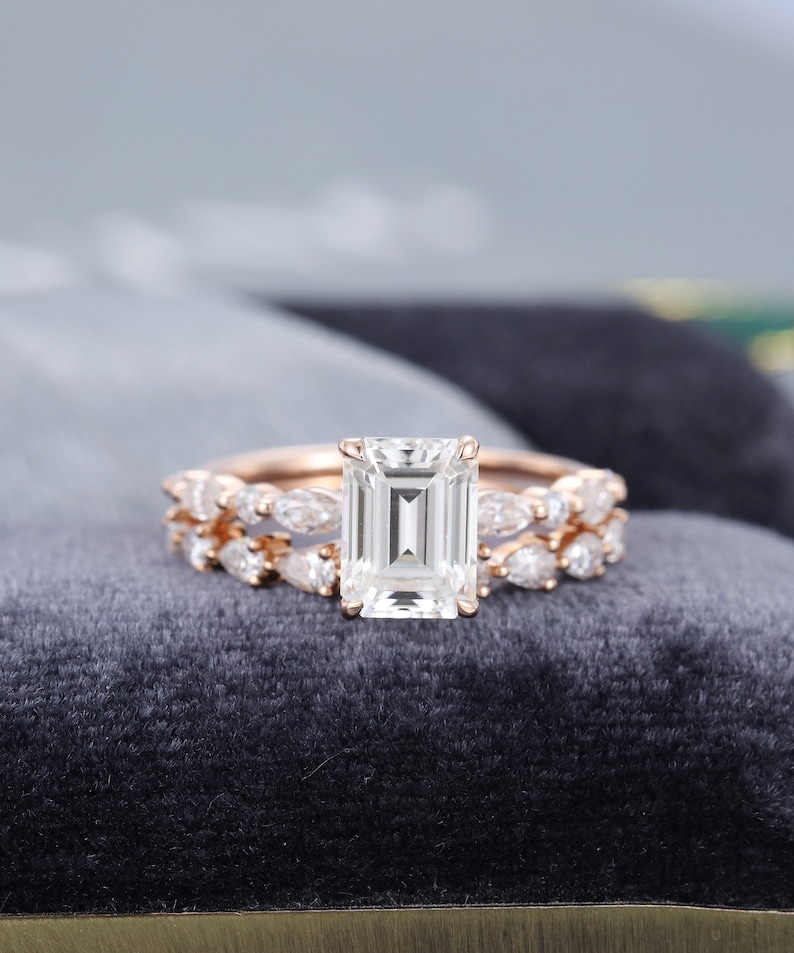 Emerald Cut Moissanite Engagement Ring Set Rose Gold Half Etsy