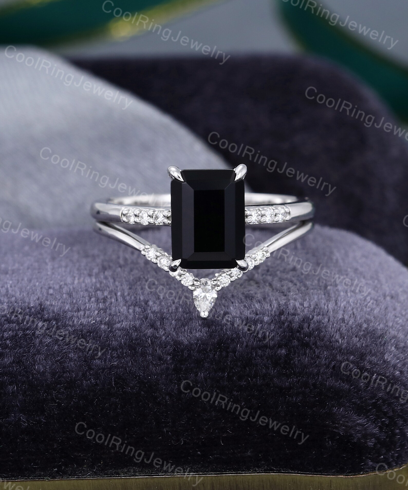 Emerald Cut Black Onyx Engagement Ring Set Moissanite/diamond Cluster ...