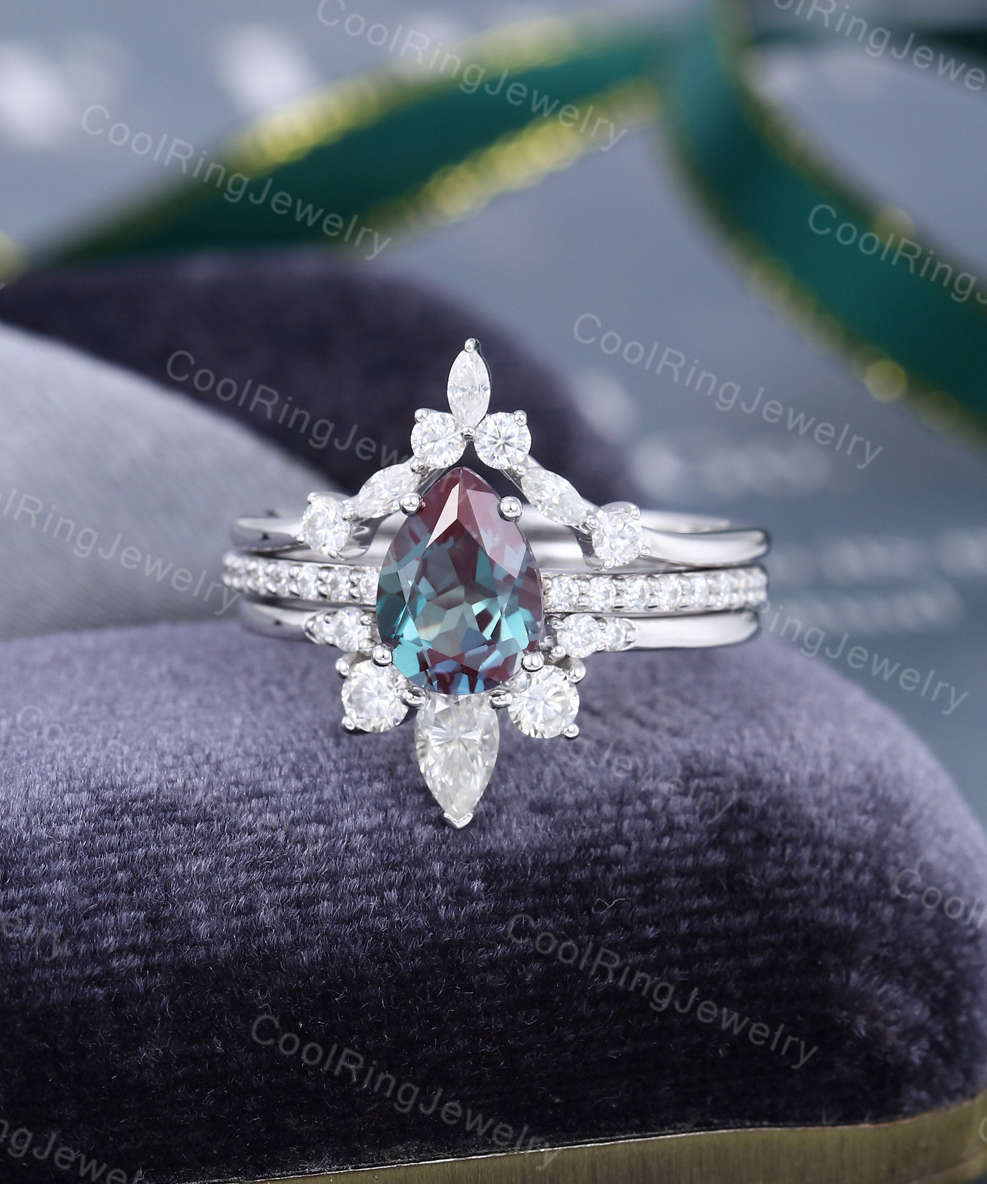 3PCS Pear Shaped Engagement Ring Set Alexandrite Engagement - Etsy