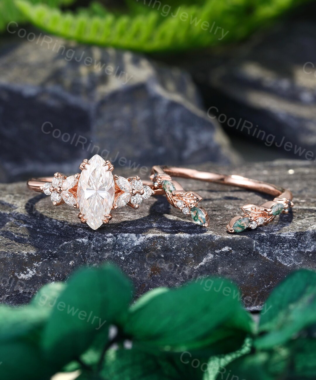 Marquise Cut Moissanite Engagement Ring Set Rose Gold Leaf Ring Unique Moss Agate Wedding Band ...