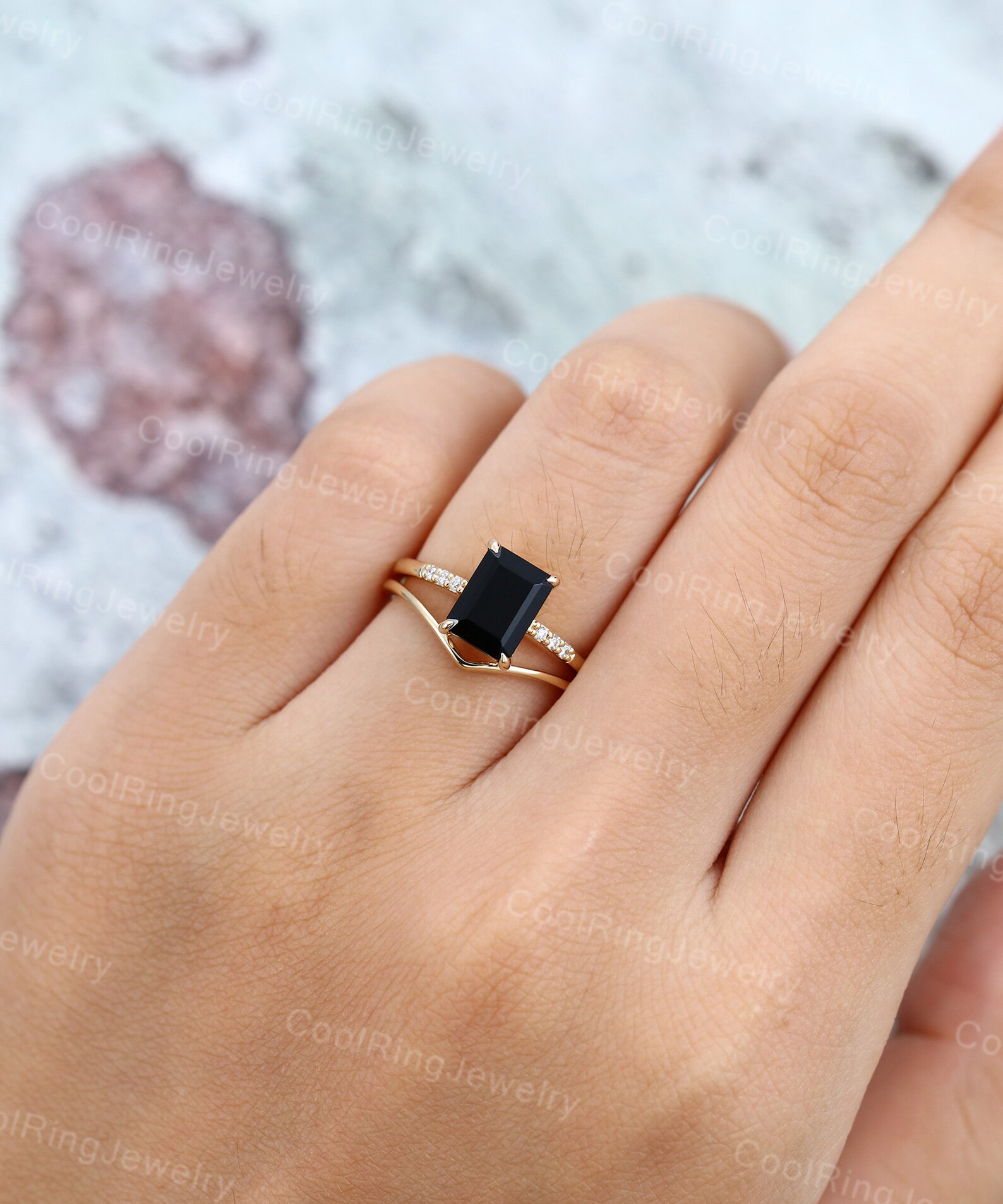 Emerald Cut Black Onyx Engagement Ring Set Diamond Cluster | Etsy