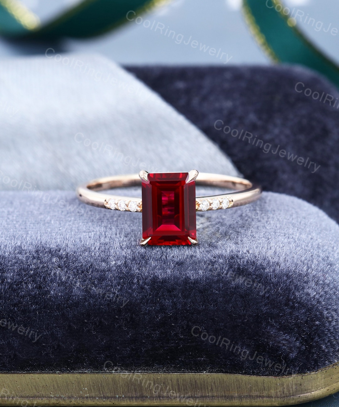 Emerald Cut Ruby Engagement Ring Minimalist Vintage Diamond Cluster ...