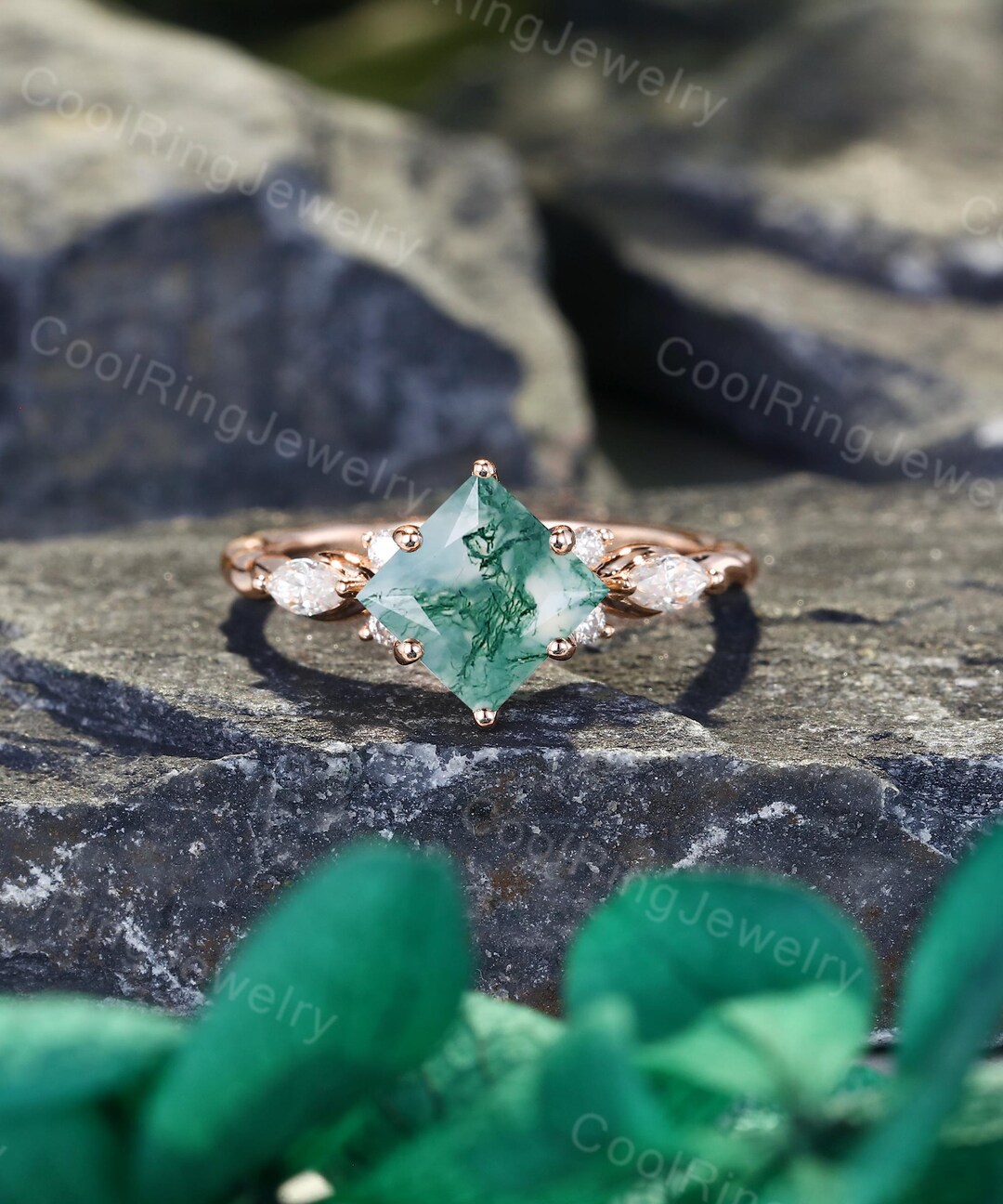 Unique Princess Cut Natural Moss Agate Engagement Ring 3/4 Eternity ...