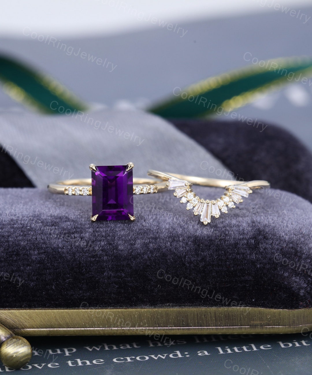 Emerald Cut Amethyst Engagement Ring Set Diamond Cluster - Etsy