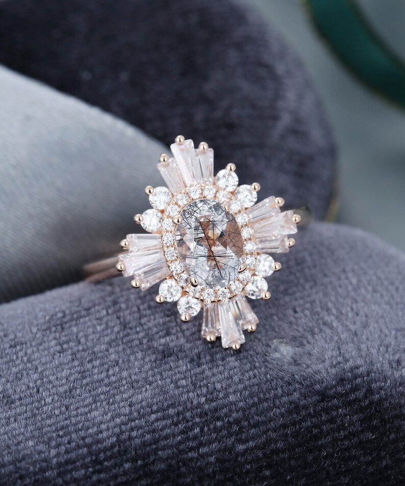 Oval Cut Black Rutilated Quartz Engagement Ring Set Rose Gold - Etsy