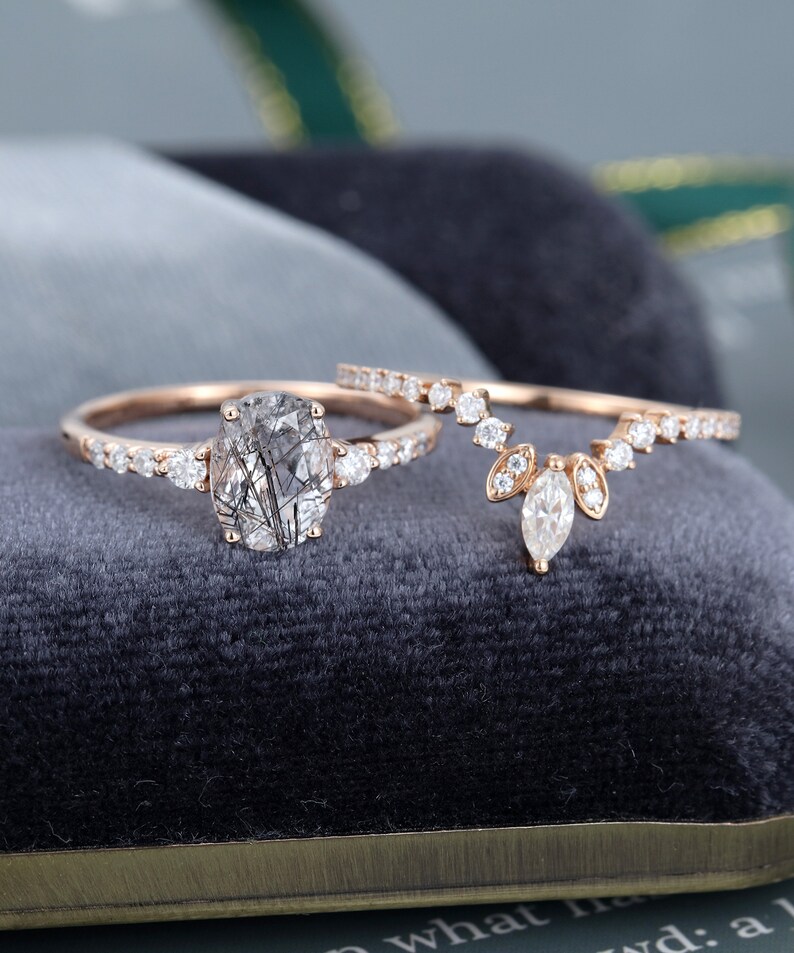 Oval Cut Black Rutilated Quartz Engagement Ring Set Rose Gold - Etsy