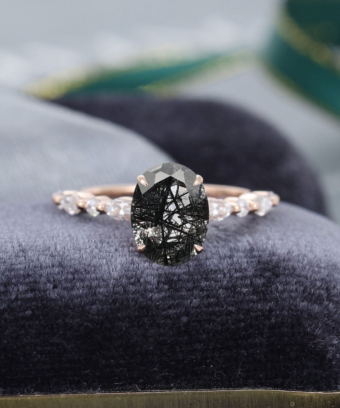 Black Rutilated Quartz Engagement Ring Oval Cut Rose Gold Vintage Half ...