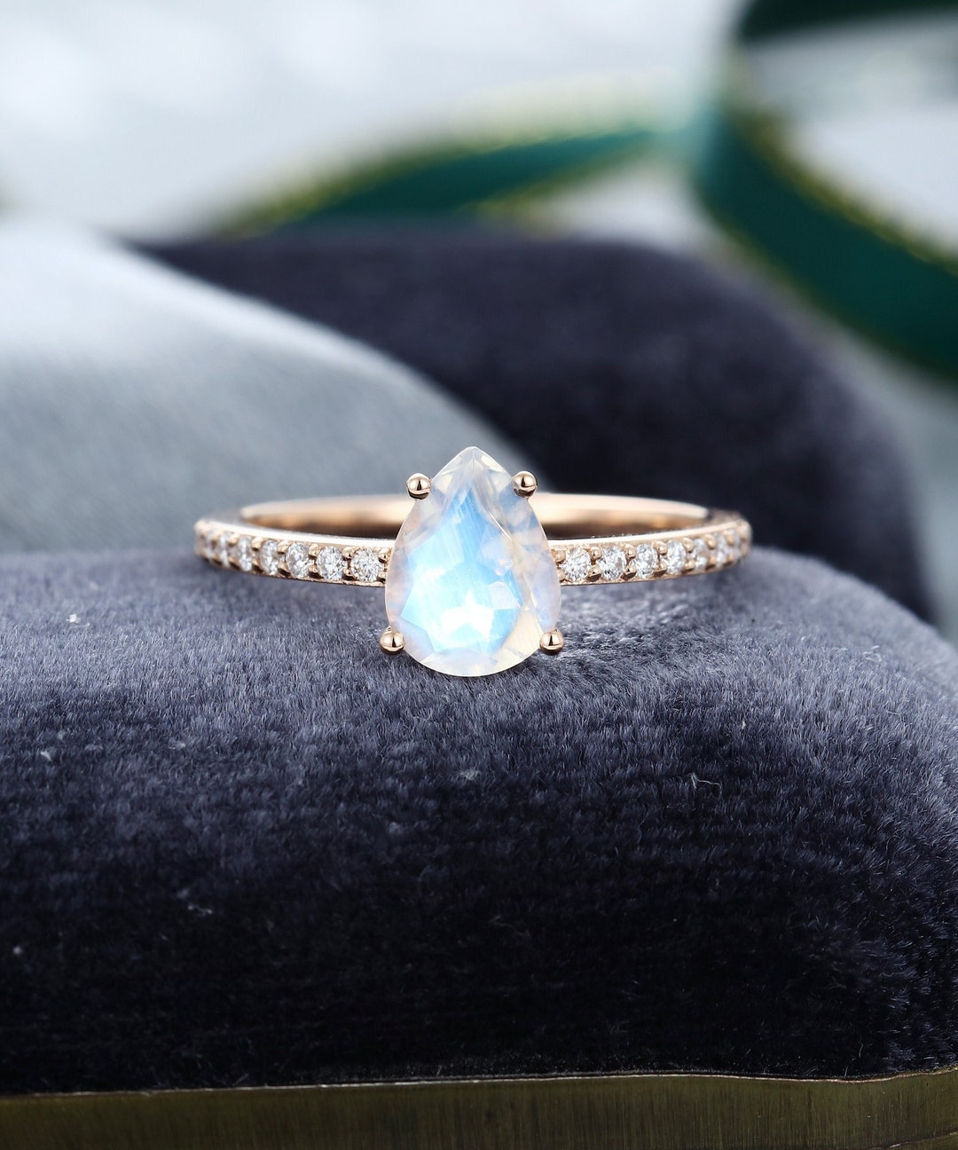 Pear Shape Moonstone Engagement Ring Vintage Rose Gold Engagement Ring ...