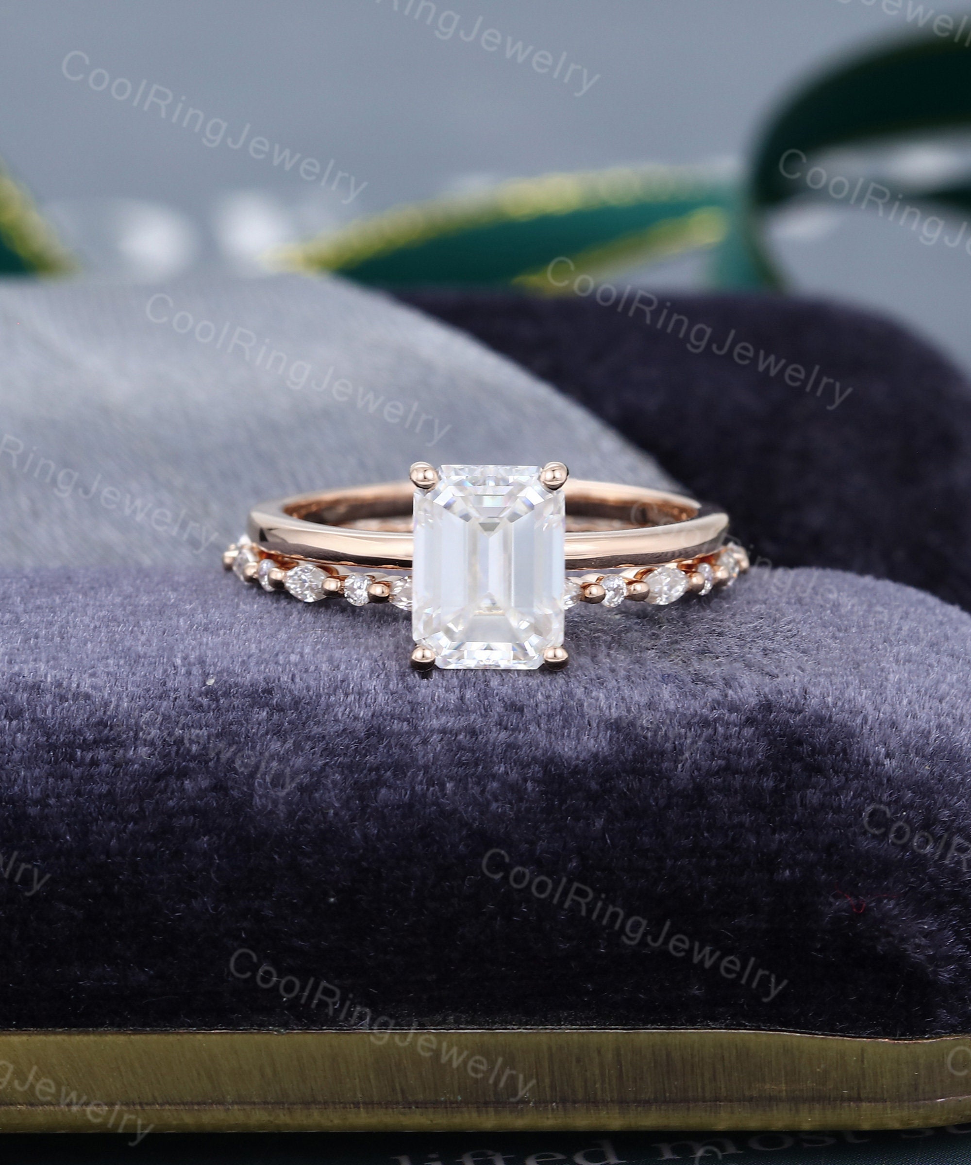 Emerald cut moissanite engagement ring set Simple engagement | Etsy